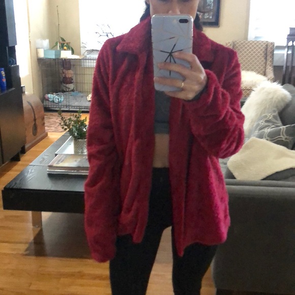 SHEIN | Jackets & Coats | Red Collared Fuzzy Coat With Inside Black ...